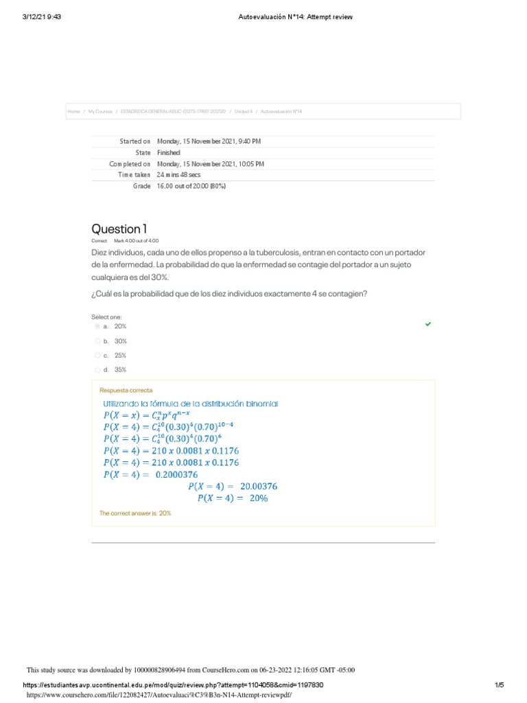 Autoevaluaci N N 14 Attempt Review PDF | PDF | Probabilidad