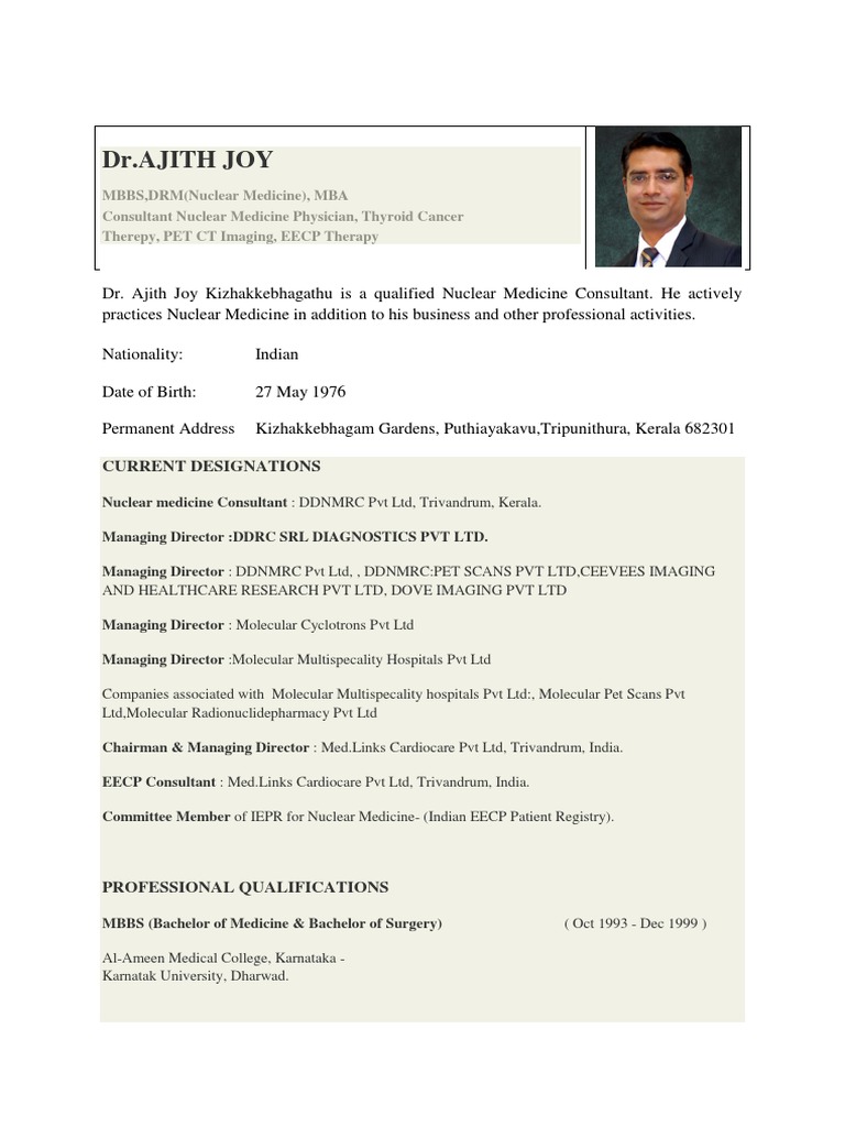 DR Ajith Joy | PDF | Nuclear Medicine | Positron Emission Tomography