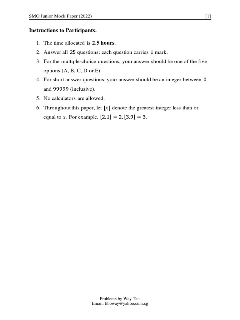 SMO Junior Mock Paper (2022) - Problems | PDF | Area | Rectangle