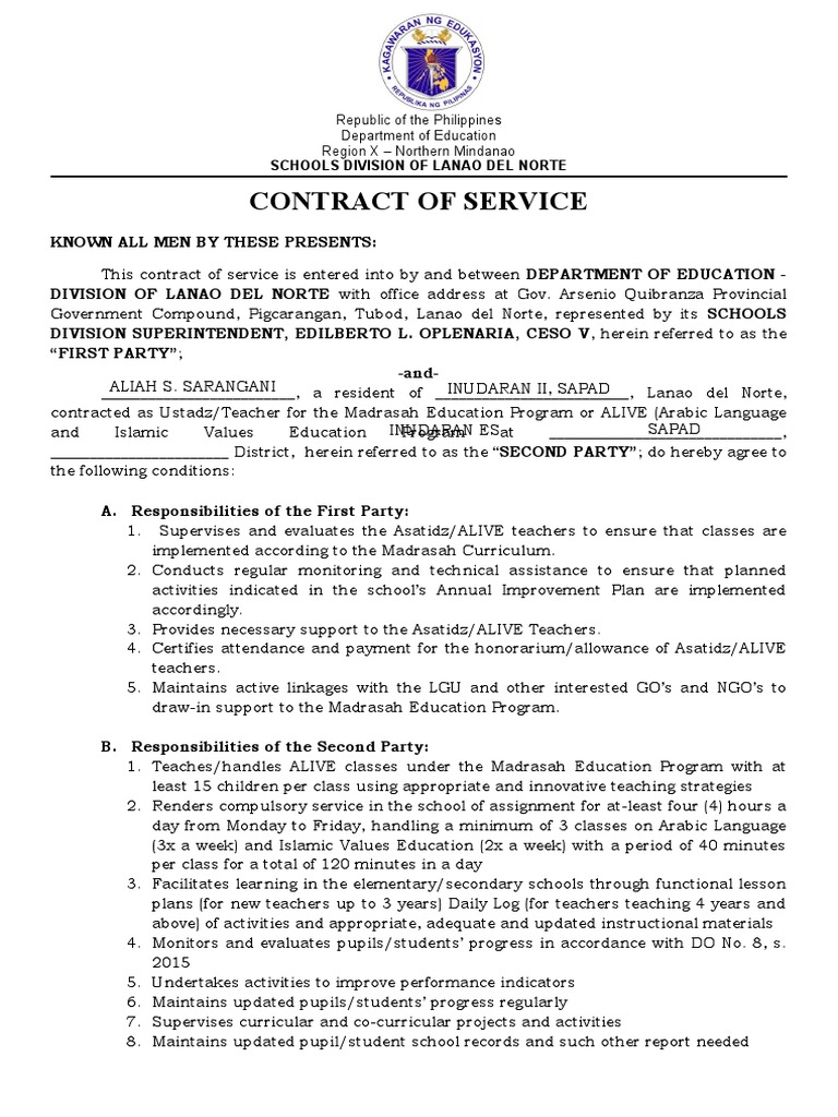 DOE Contract of Service for Madrasah Teacher | PDF | Schools | Teachers