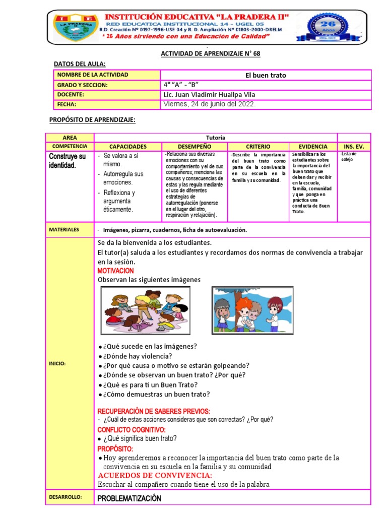 SESIÓN DE APRENDIZAJE #68 4B-El Buen Trato | PDF | Evaluación | Teoria de la mente