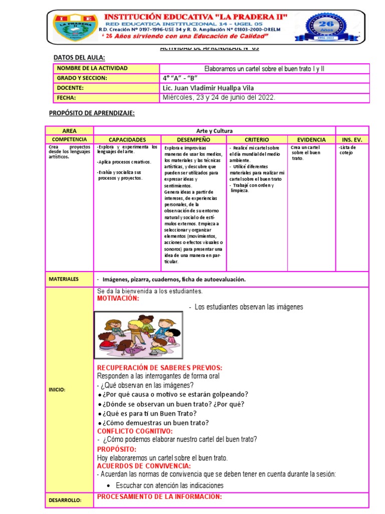 SESIÓN DE APRENDIZAJE #65 4B-Elaboramos Un Cartel Sobre El Buen Trato I y II | PDF | Aprendizaje ...