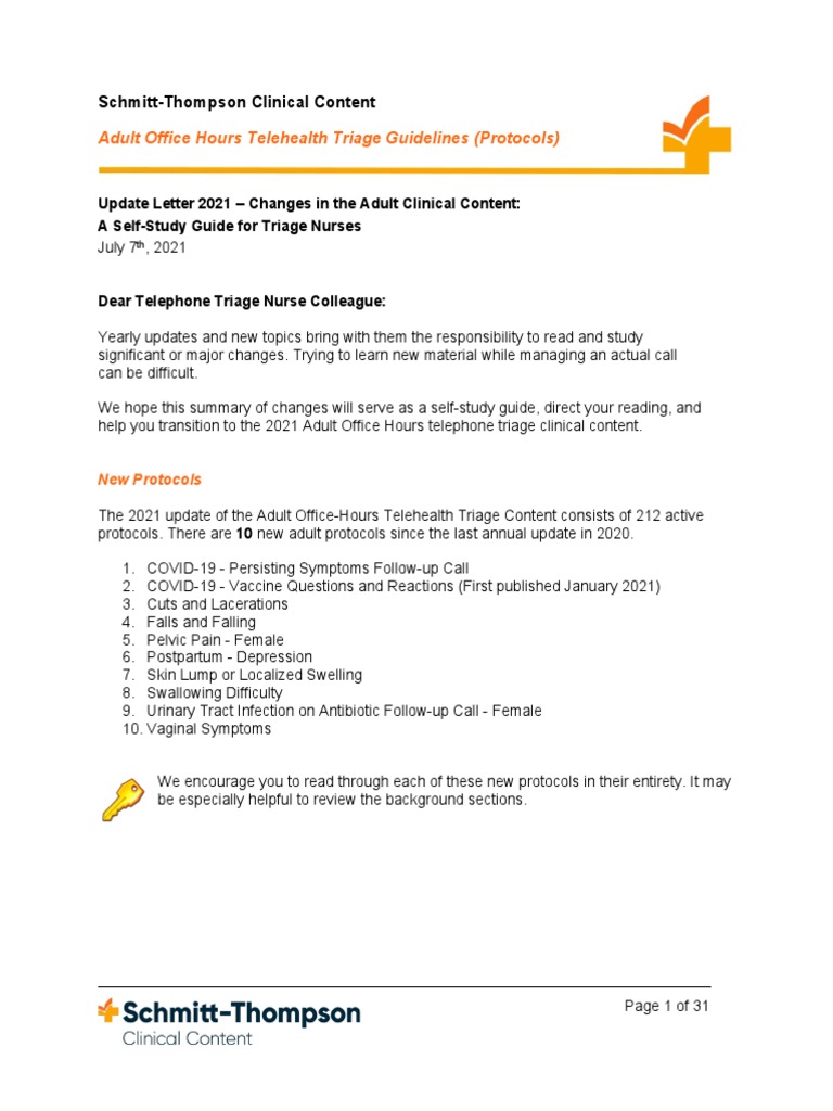 Adult Office Hours Telehealth Triage Guidelines (Protocols) : Schmitt ...