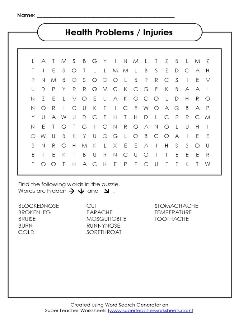 Health Problems / Injuries: Name | PDF | Word Search | Puzzles