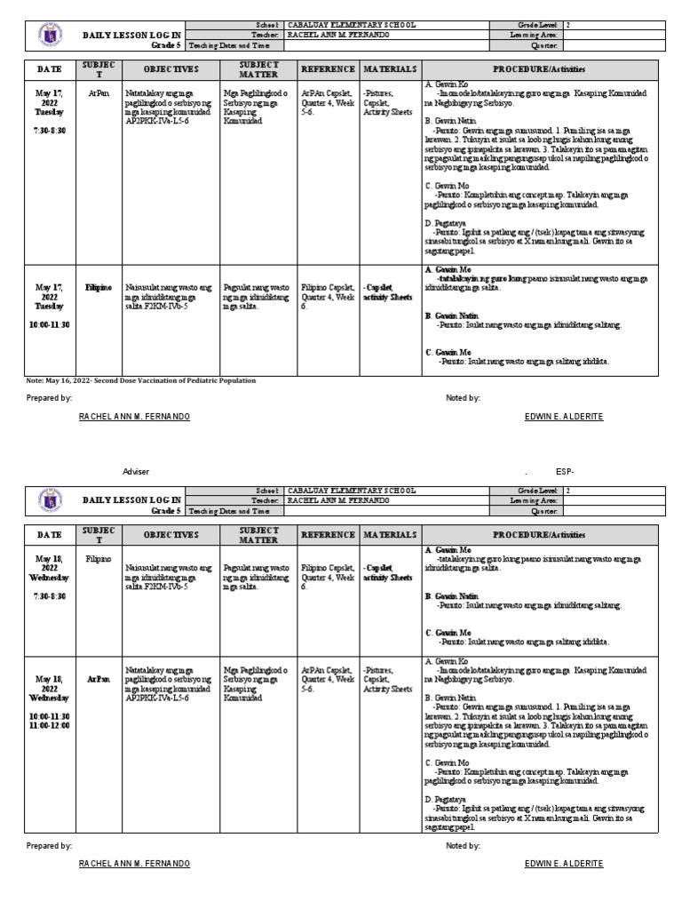 Daily Lesson Log (F2f) | PDF