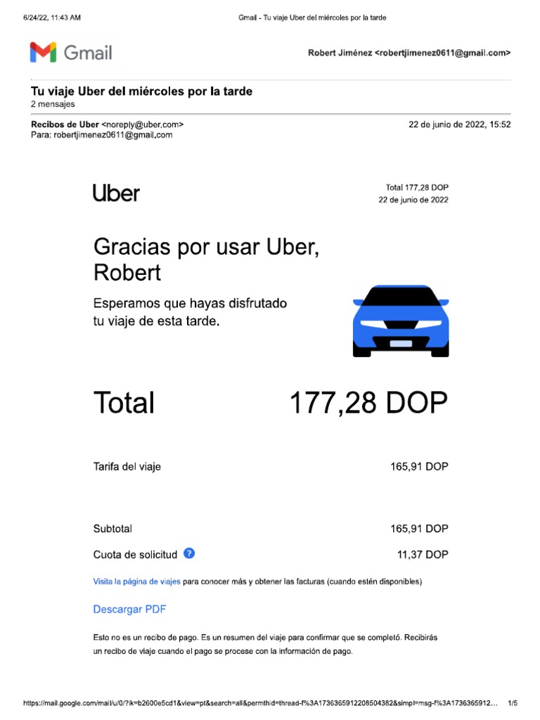 Factura Uber Viaje de Retorno de Vehiculo 22-06-22 | PDF