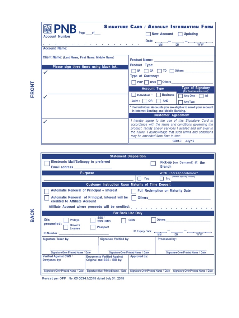 PNB Signature Card Information Form | PDF | Signature | Service Industries