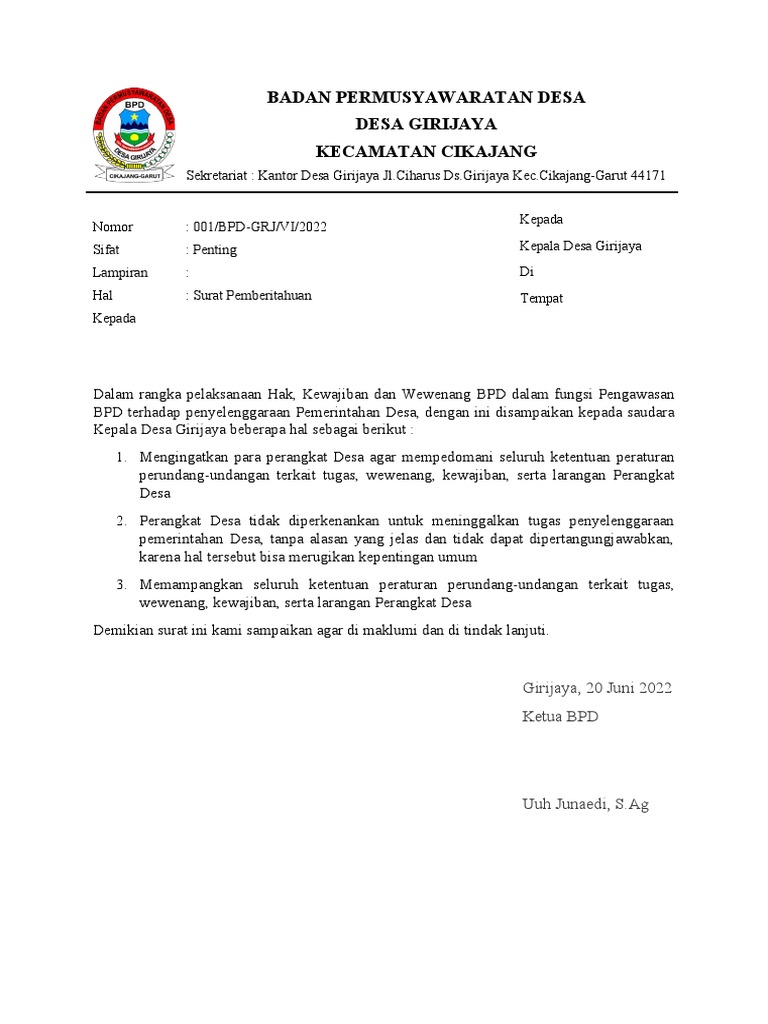 Surat Pemberitahuan KPD KPL Desa | PDF