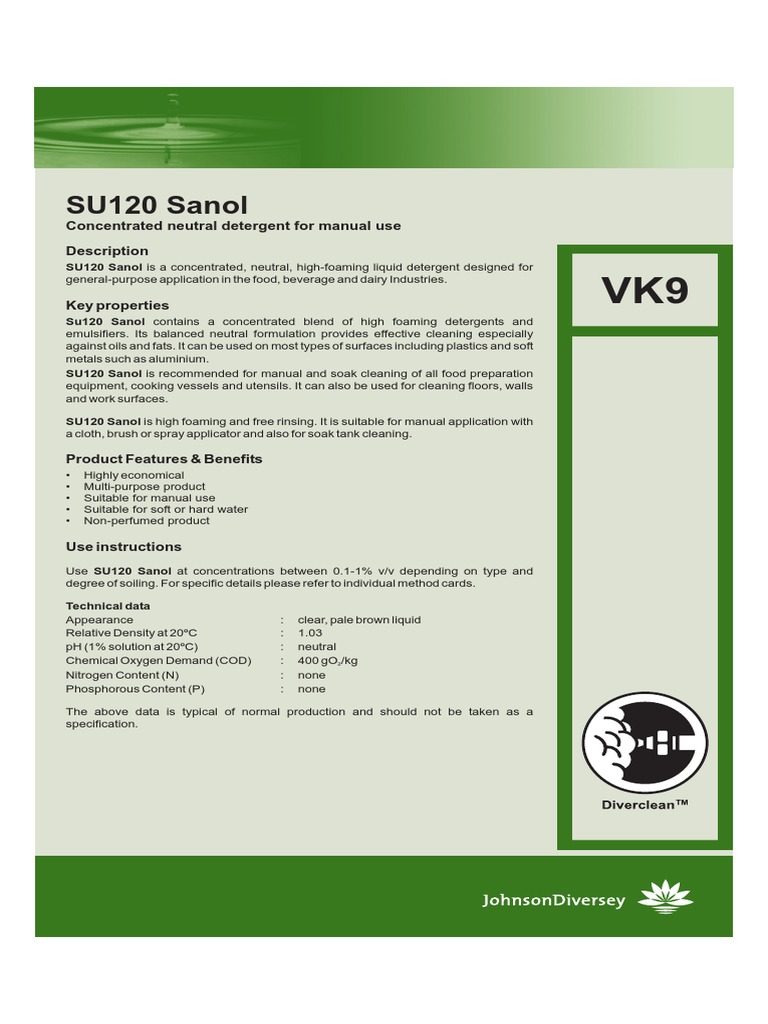 SU120 Sanol: Concentrated Neutral Detergent For Manual Use | PDF ...