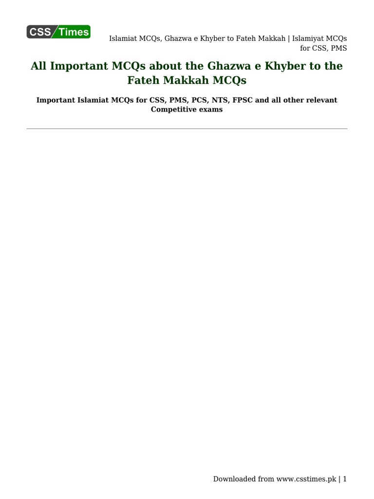 Islamiat MCQS, Ghazwa e Khyber To Fateh Makkah - Islamiyat MCQs For CSS ...