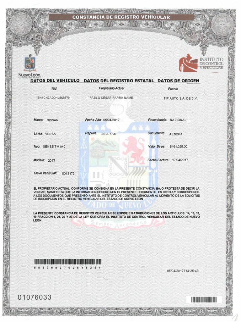 Constancia de Registro Vehicular - 3n1cn Versa Sense TM | PDF