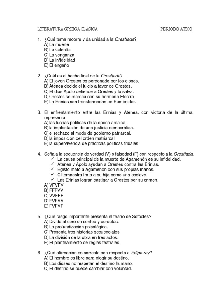 Preguntas de Literatura Griega Clásica | PDF | Edipo | Sófocles