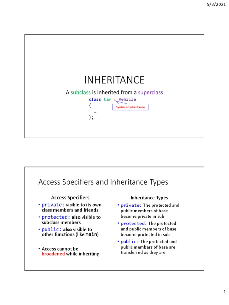 Inheritance Access Specifiers And Inheritance Types Pdf Inheritance Object Oriented 5183