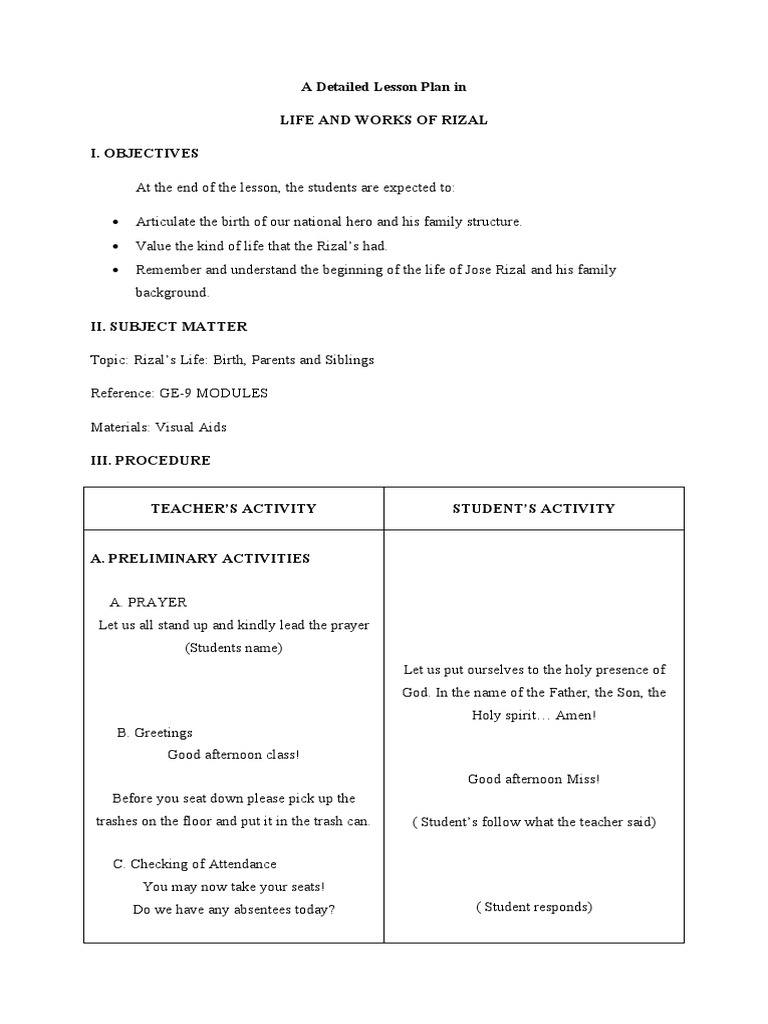 A Detailed Lesson Plan in Life and Works of Rizal I. Objectives | PDF