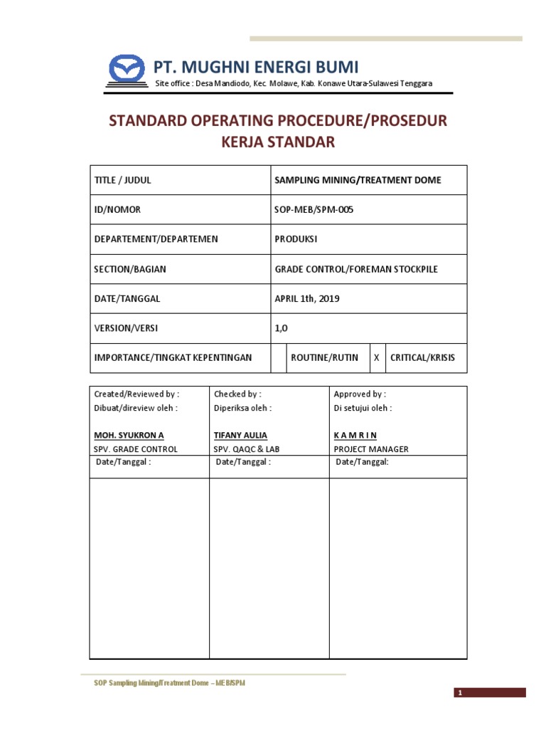 SOP-MEB SPM-005-Pengambilan Sample Mining & Treatment Dome | PDF