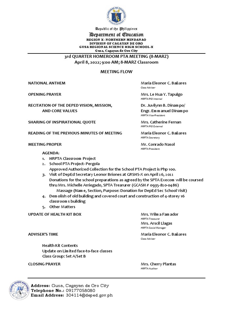 3rd Quarter Hrpta Meeting Flow Pdf Philippines