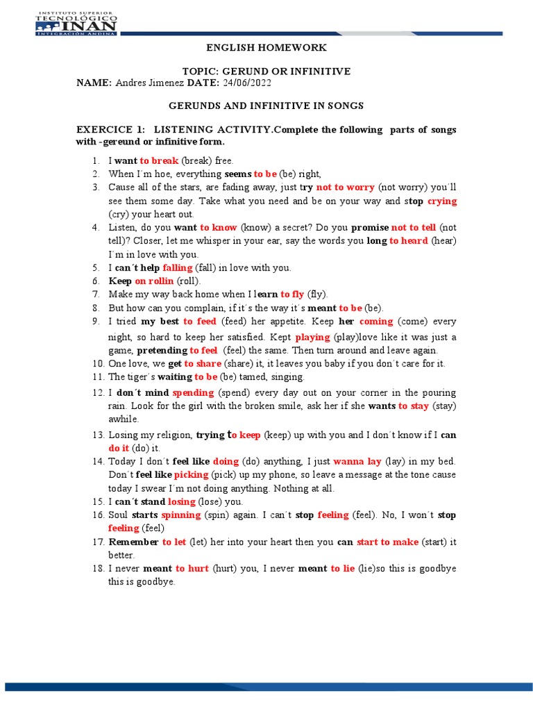 Gerunds and Infinitives in Songs | PDF