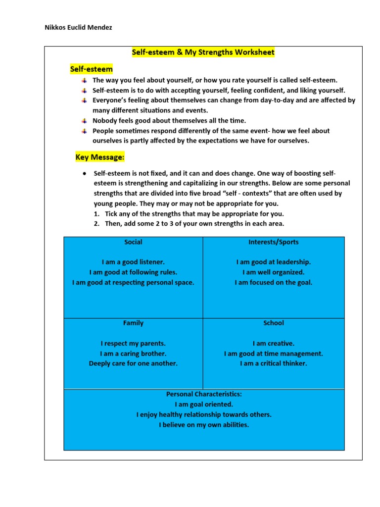 Mendez - Self Esteem My Strenghts Worksheet | PDF | Self Esteem ...