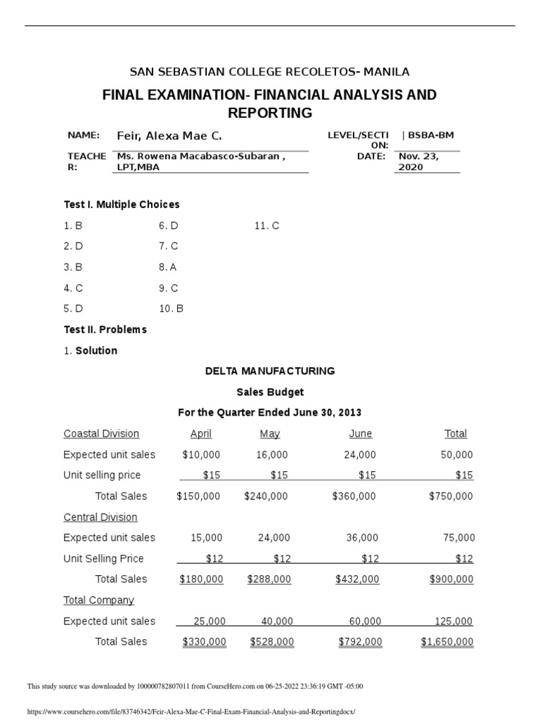 Feir Alexa Mae C. Final Exam Financial Analysis and Reporting | PDF | Equity (Finance) | Expense