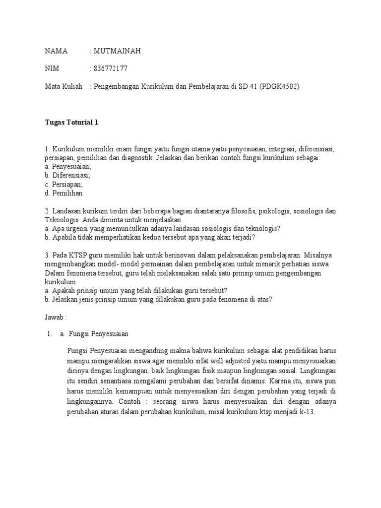 TT 1 Pengembangan Kurikulum Dan Pembelajaran Di SD - MUTMAINAH 836772177 | PDF