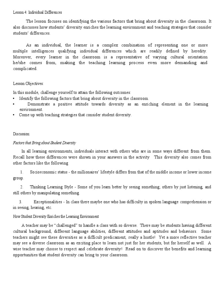 FacLearningLesson4 IndividualDifferences | PDF | Learning | Teachers