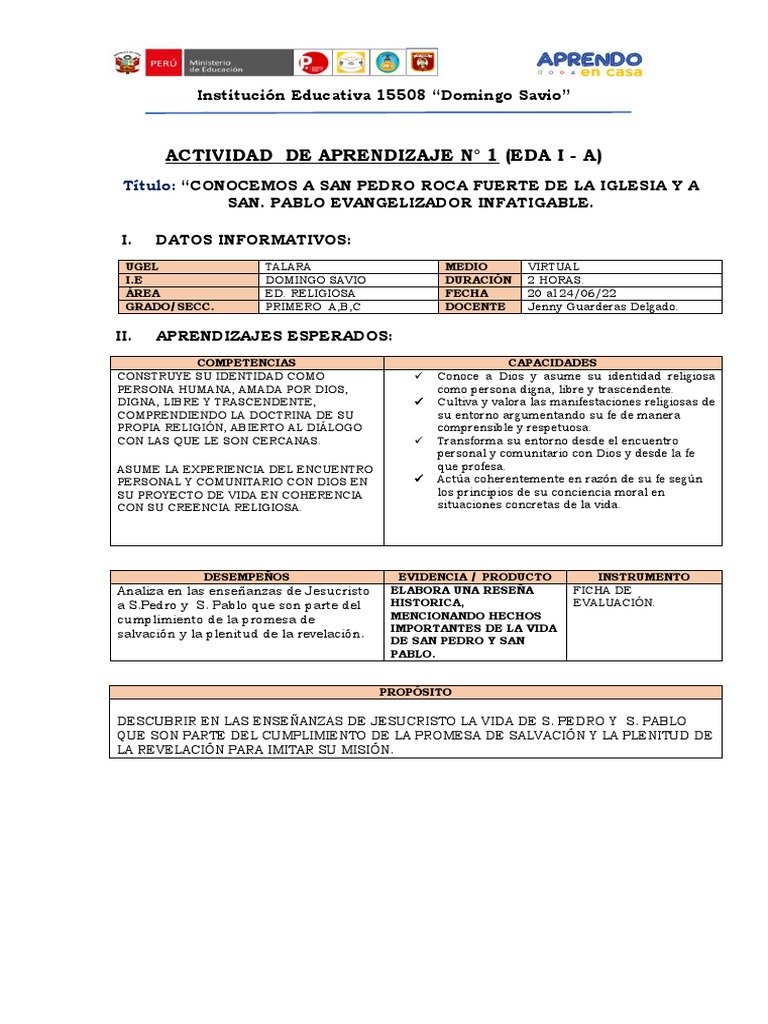 1ro (14S) ESQUEMA ACTIVIDAD DE APRENDIZAJE 2022 | PDF | San Pedro | Jesús 1ro (14S) ESQUEMA ACTIVIDAD DE APRENDIZAJE 2022 | PDF | San Pedro | Jesús