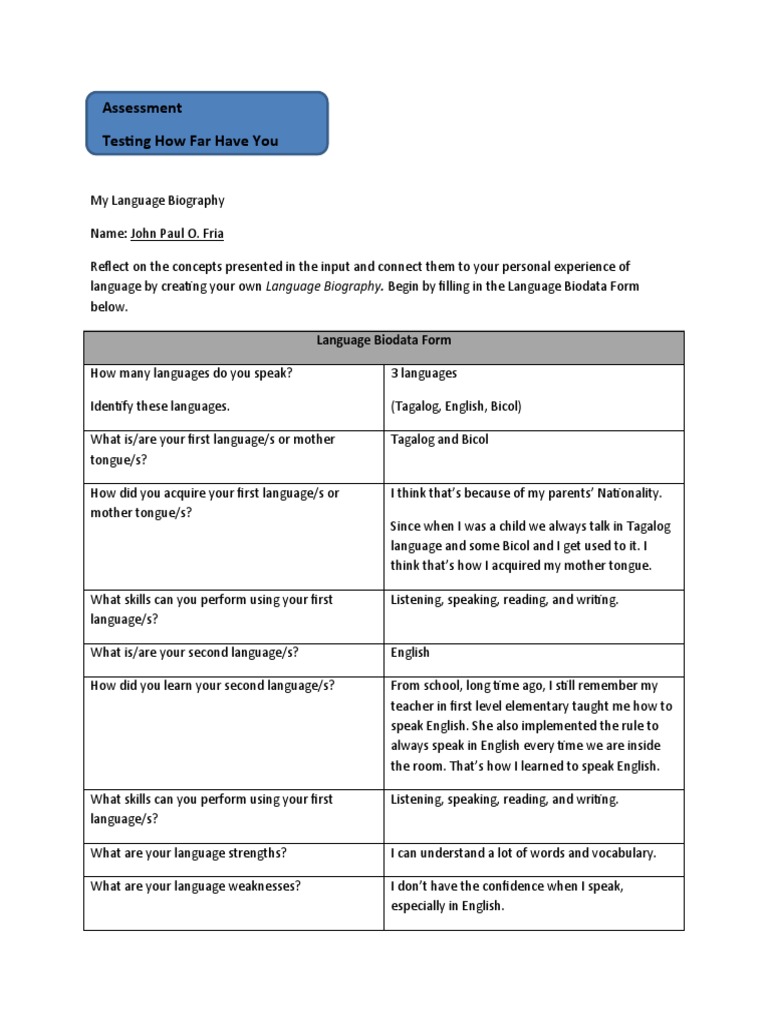 Assessment Testing How Far Have You: Language Biodata Form | PDF ...