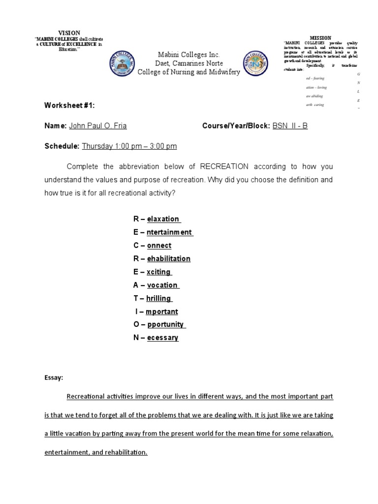 Recreation Worksheet 1 | PDF | Mental Health | Relaxation (Psychology)
