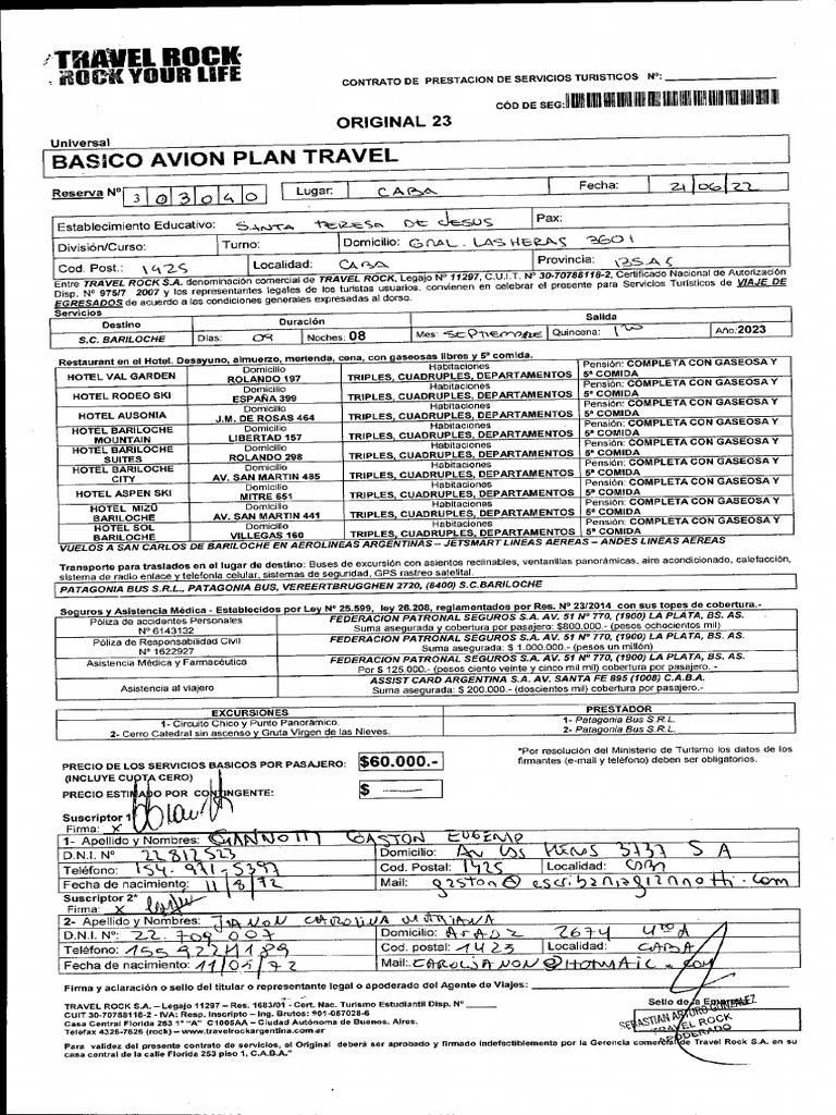 Contrato Travel Rock. Santa Teresa | PDF | Seguro | Turismo