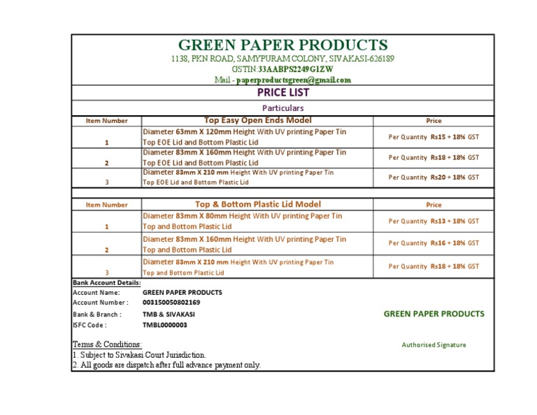 Green Paper Products: Price List | PDF
