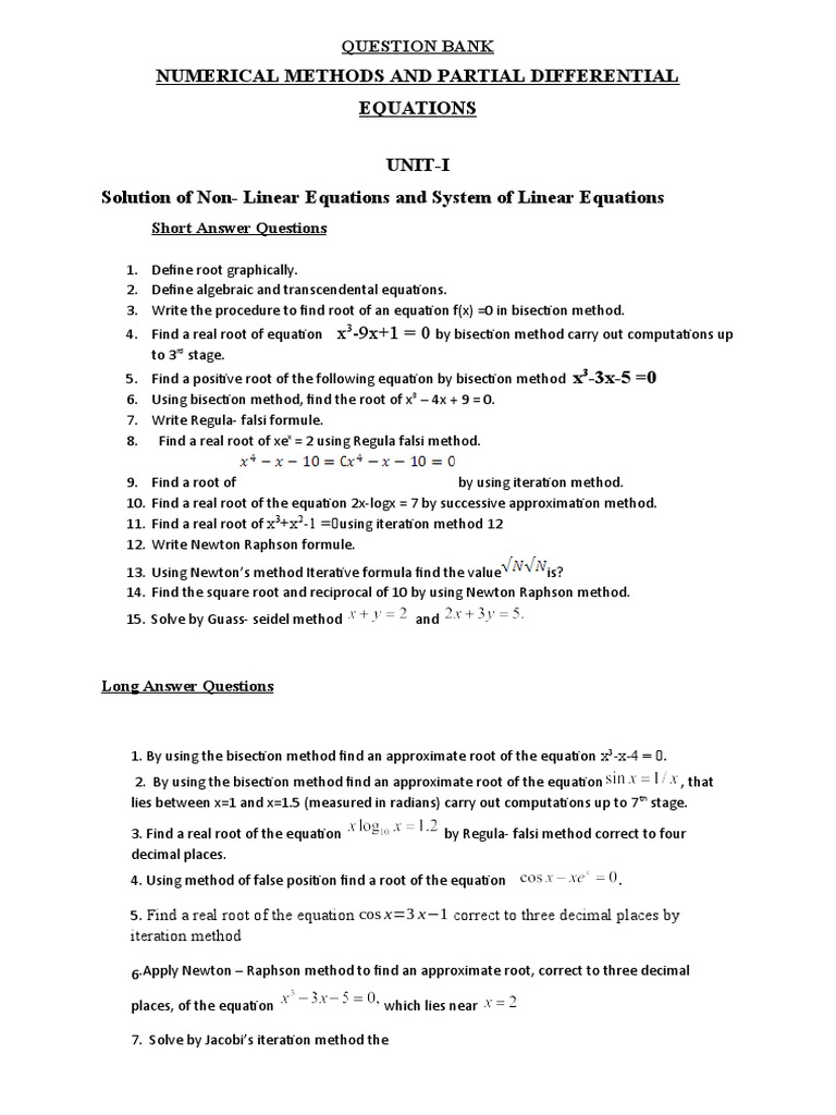 Numerical Methods and Partial Differential Equations Unit-I Solution of ...