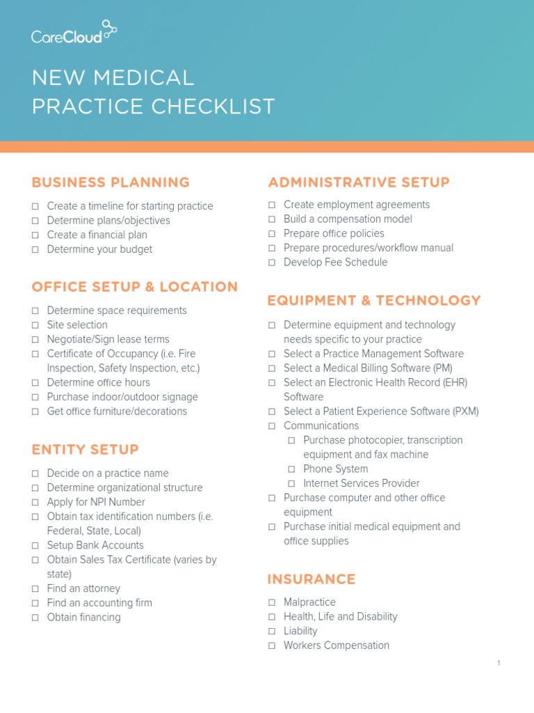 New Medical Practice Checklist: Business Planning Administrative Setup ... New Medical Practice Checklist: Business Planning Administrative Setup ...