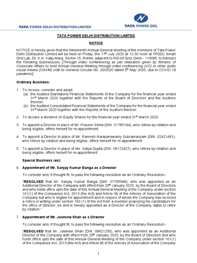 TPDDL Agm Notice July 2020 | PDF | Audit | Business