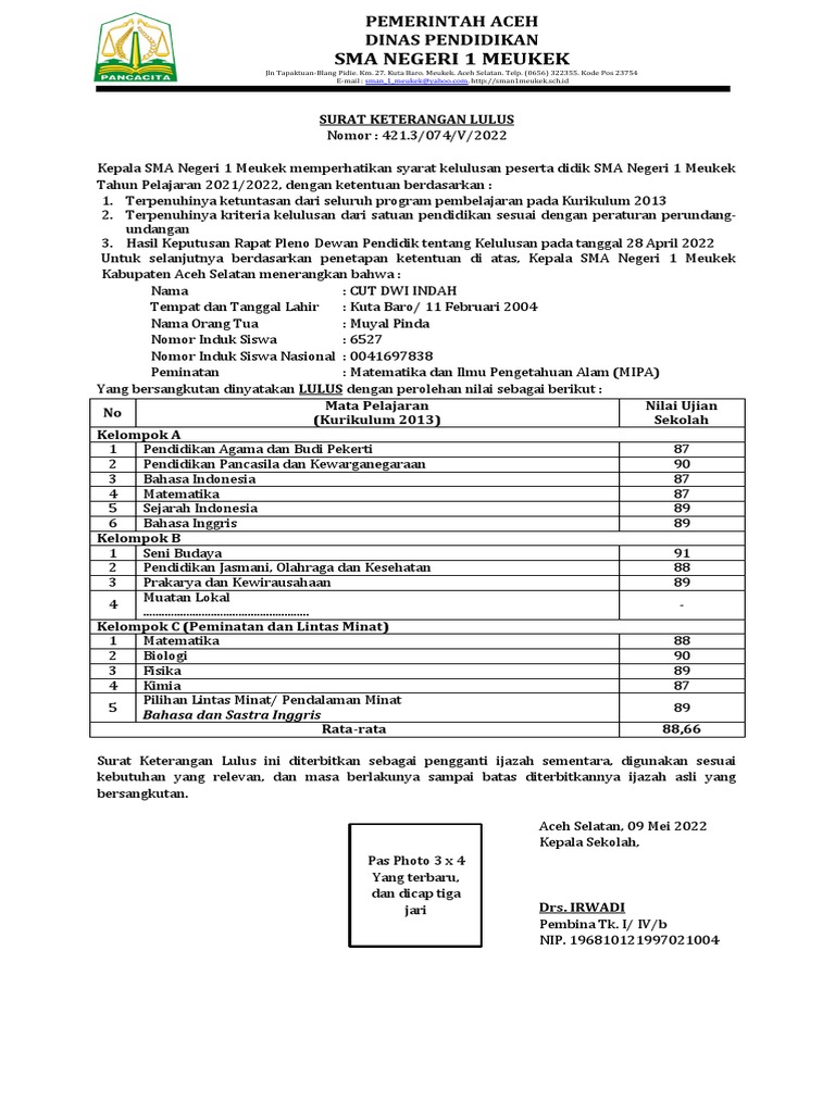 Surat Keterangan Lulus SMA Meukek 2022 | PDF