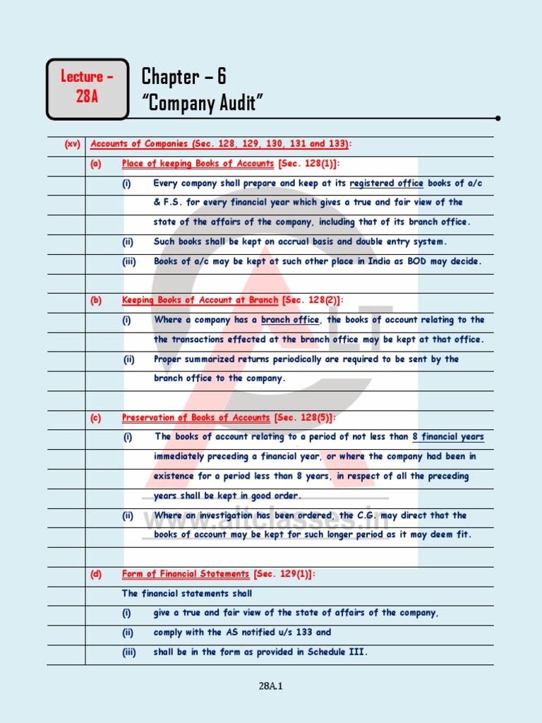 Lecture 28A - Company Audit (Accounts of Companies and LLP Audit) | PDF ...