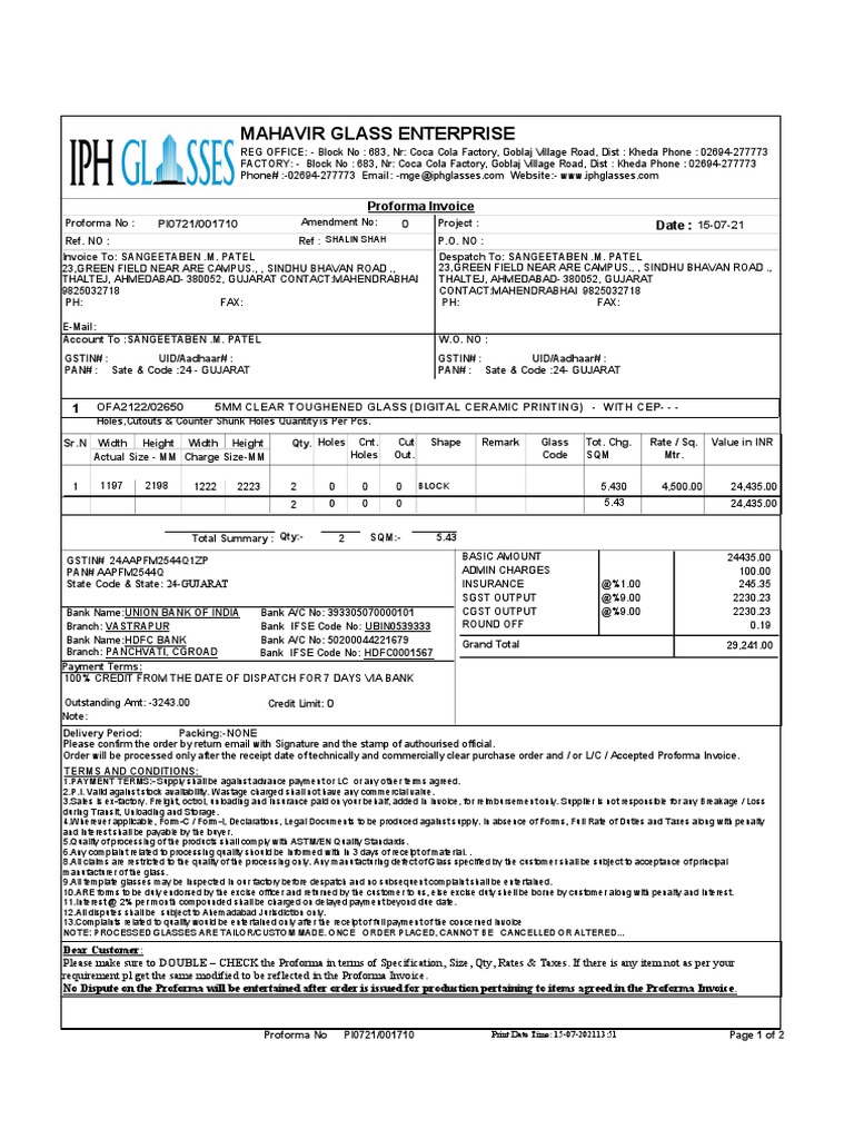Mahavir Glass Enterprise: Proforma Invoice Date | PDF | Banks | Receipt