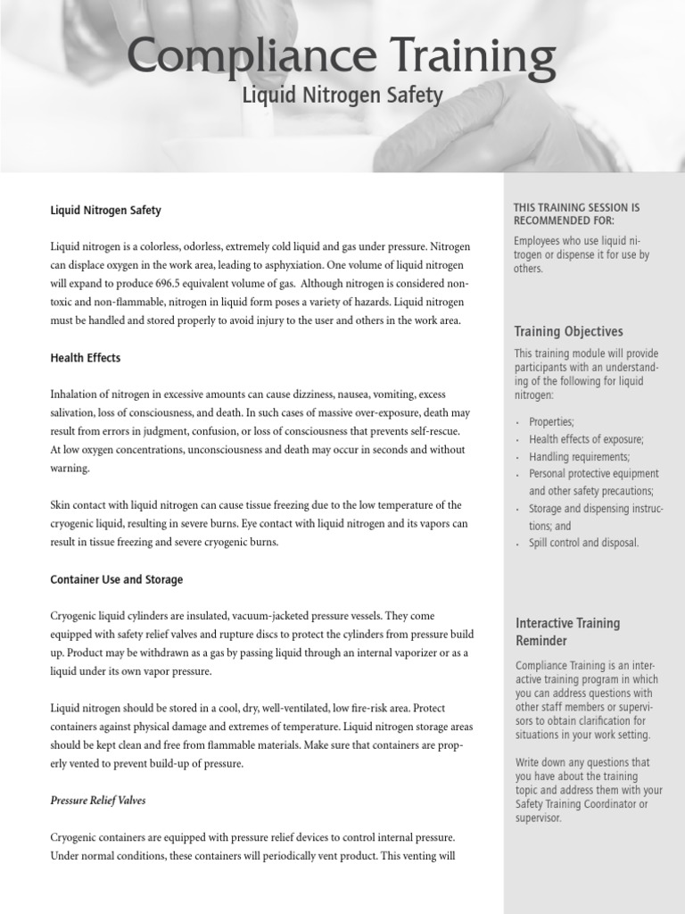 Compliance Training: Liquid Nitrogen Safety | PDF | Cryogenics | Nitrogen
