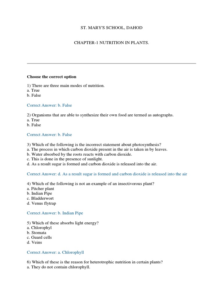 Answer Key of Nutrition in Plants. | PDF | Plants | Nutrition