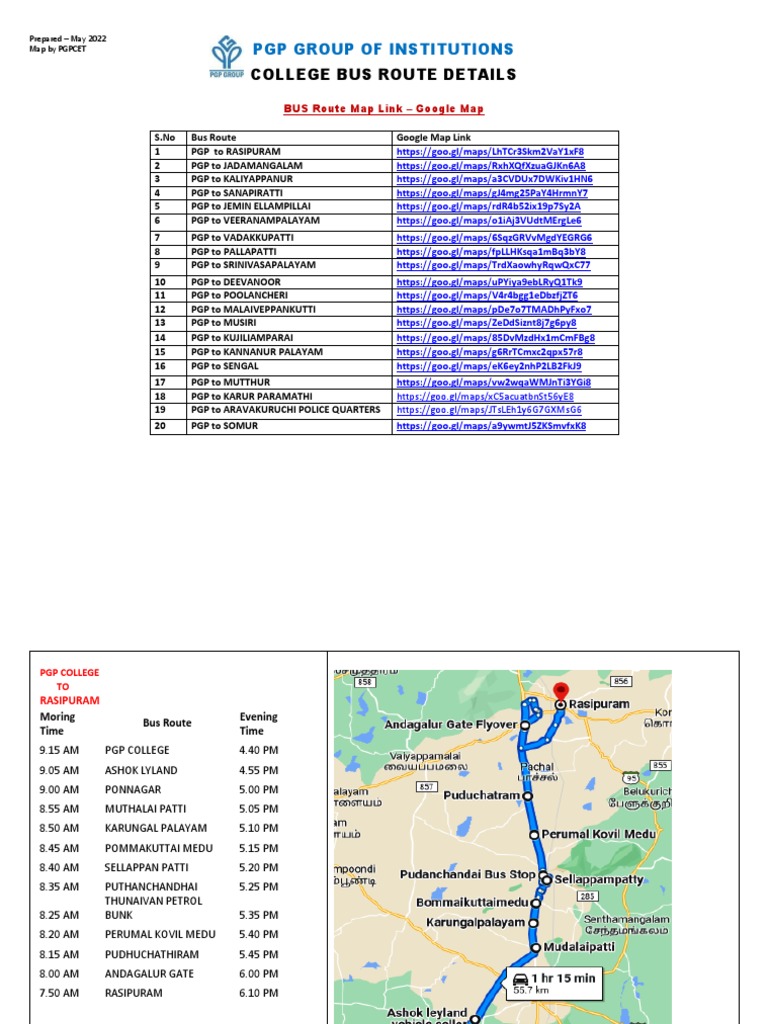 College Bus Route Details: PGP Group of Institutions | PDF