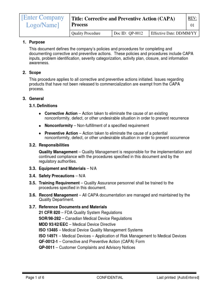 (Enter Company Logo/Name) : Title: Corrective and Preventive Action ...