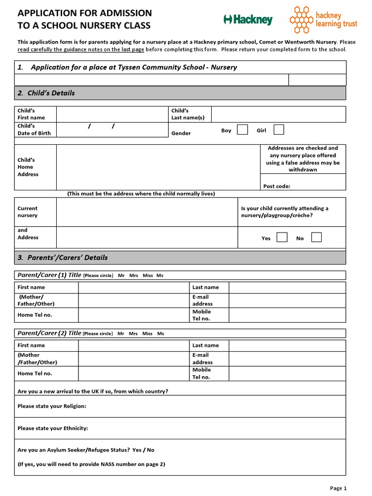 Primary School Nursery Application Form | PDF | Preschool | Child Care