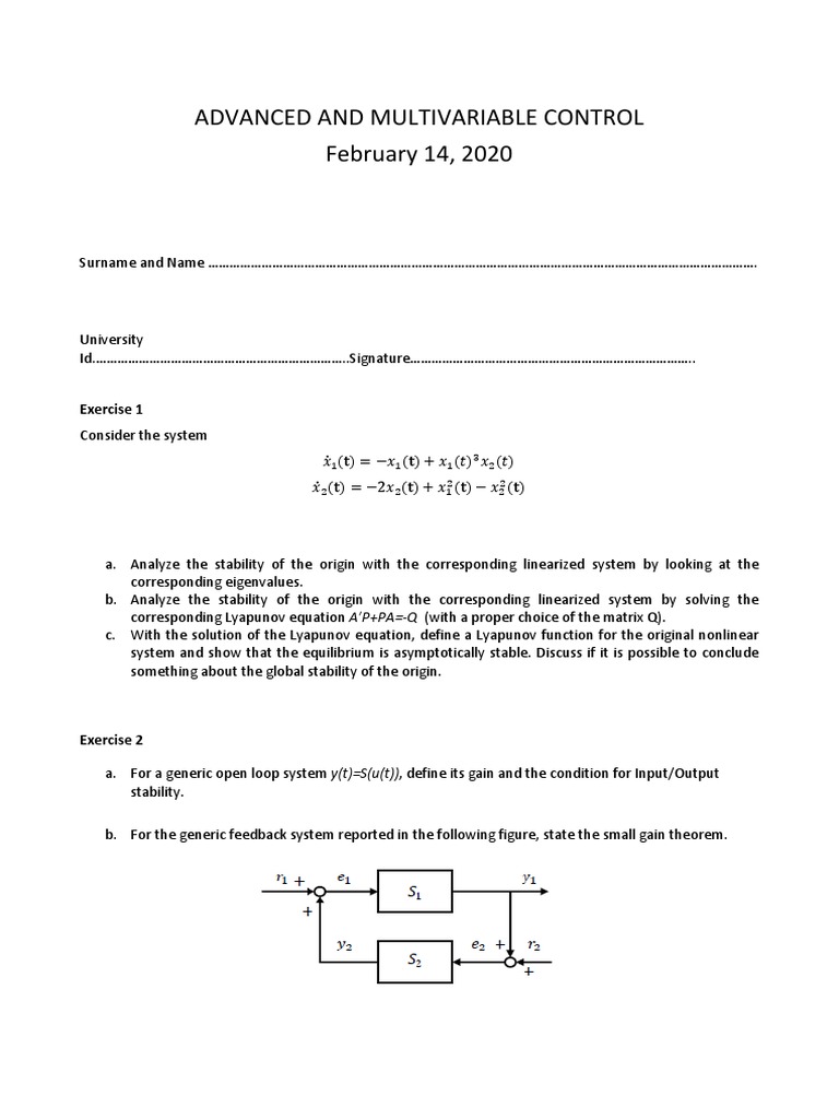 Advanced and Multivariable Control February 14, 2020: Exercise 1 | PDF ...