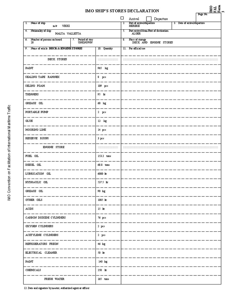 IMO Ship Stores Declaration for m/v VIKKI | PDF | Oil | Fuels