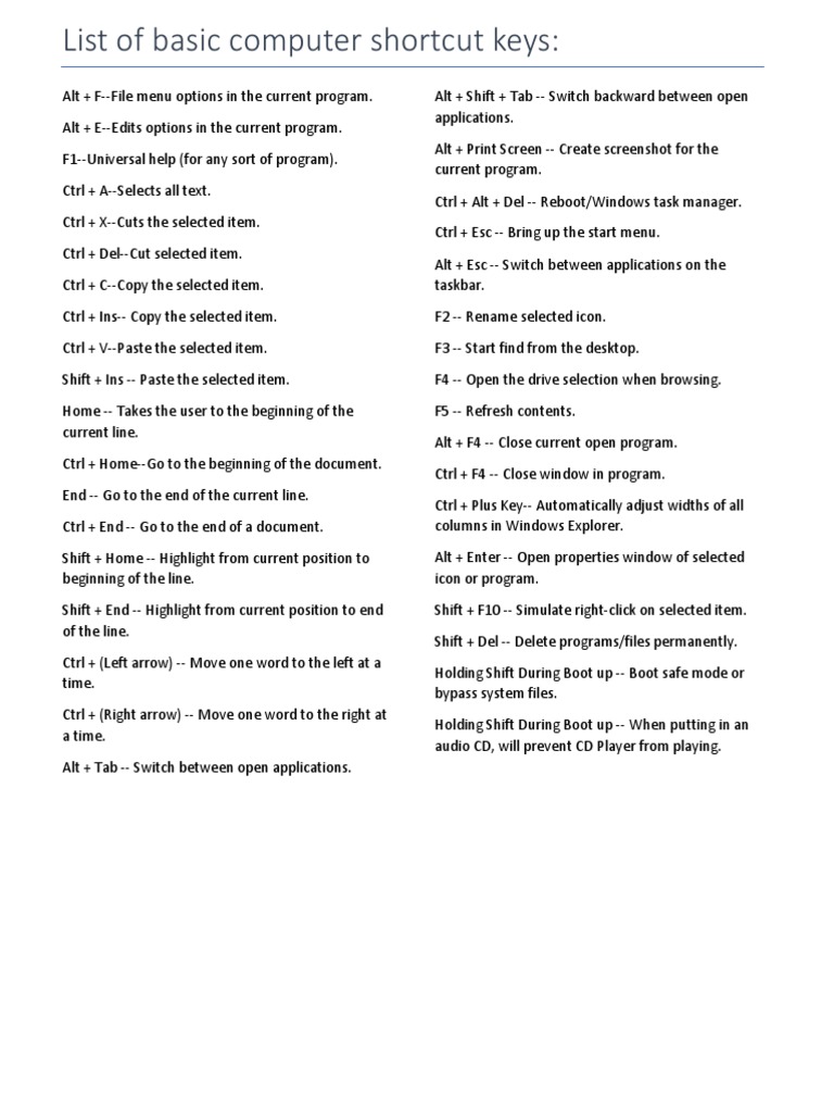 Shortcut Keys | PDF | Graphical User Interfaces | System Software