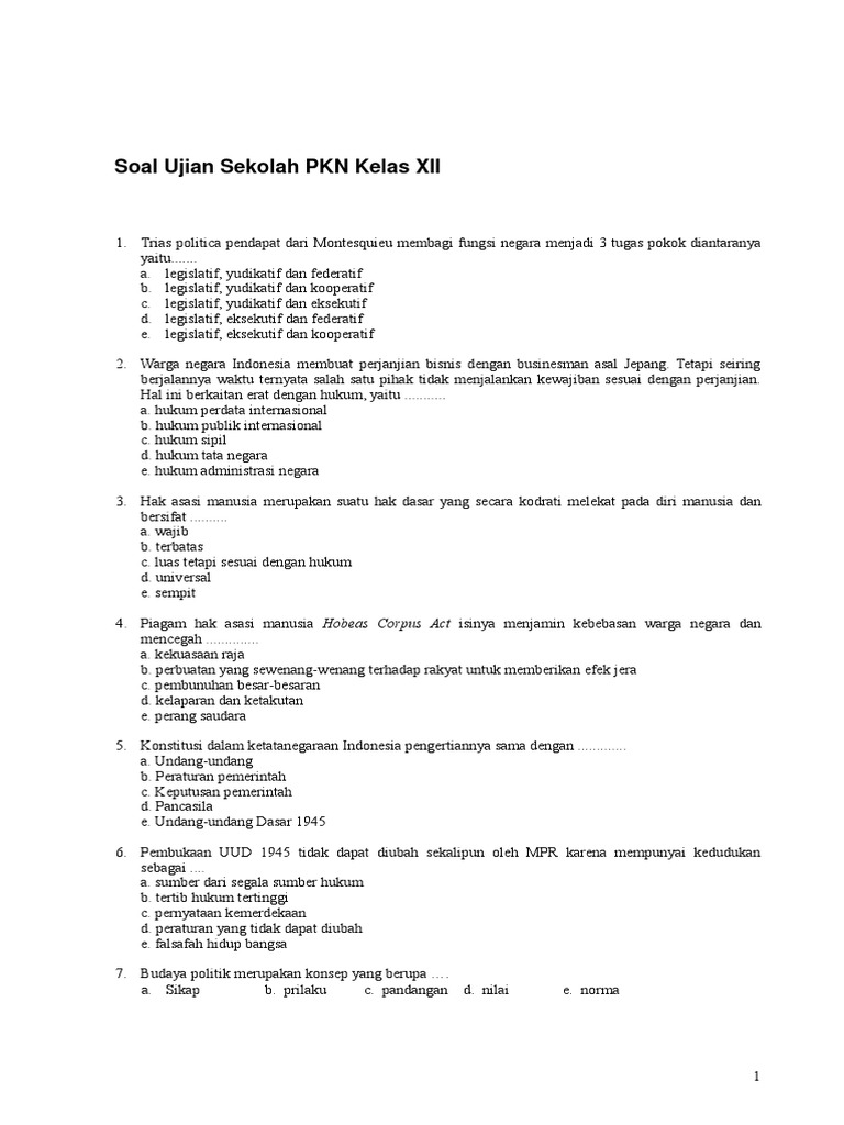 Soal USBN PKN Kelas 12 SMASMKMA PDF | PDF | Politik | Ilmu Sosial