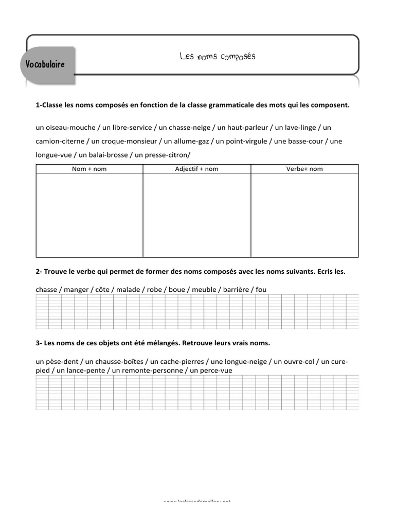 Exercices sur les noms composés CE1-CM2 | PDF | Cuisine | Nourritures