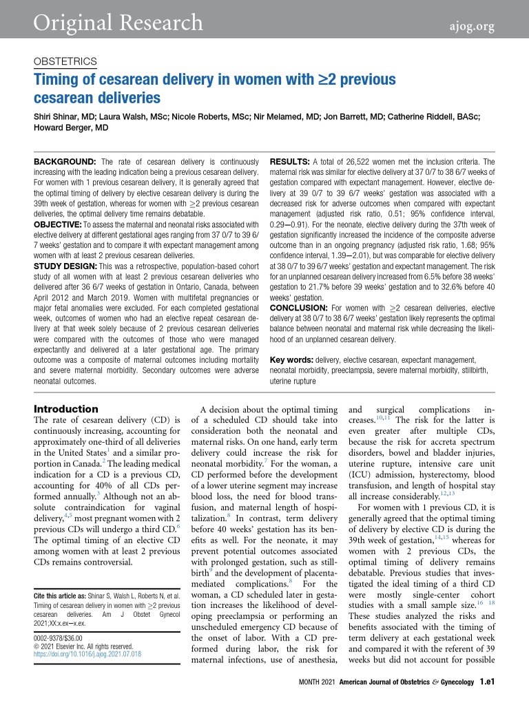 The Optimal Timing of Elective Cesarean Delivery for Women with Two or ...