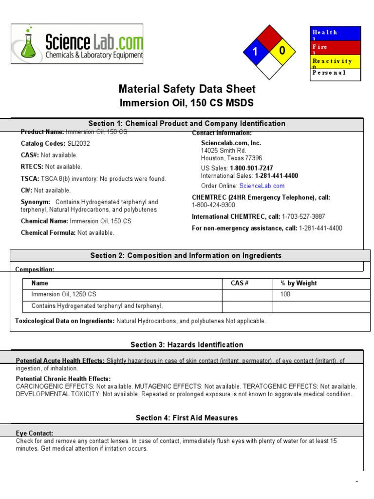 0 Material Safety Data Sheet: Immersion Oil, 150 CS MSDS | PDF ...