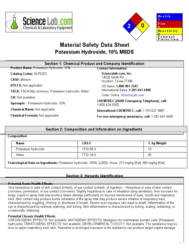 Potassium Hydroxide, 10% KOH | PDF | Toxicity | Water