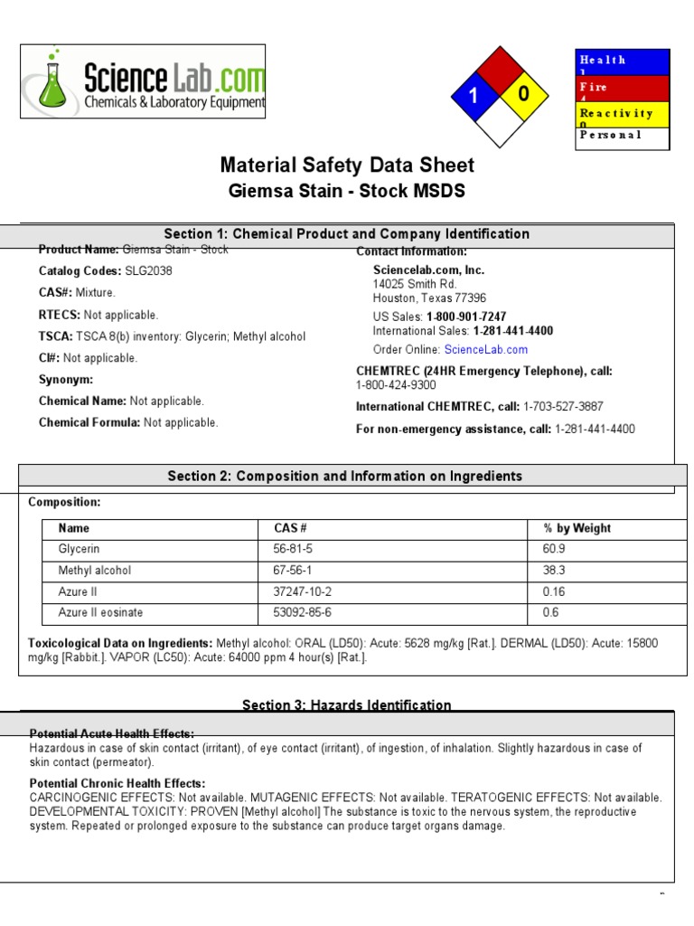 0 Material Safety Data Sheet: Giemsa Stain - Stock MSDS | PDF | Methanol | Toxicity